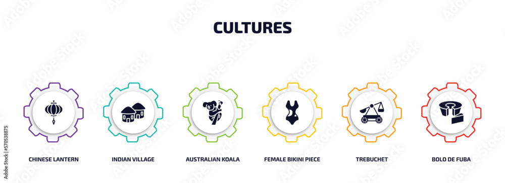 cultures infographic element with filled icons and 6 step or option ...