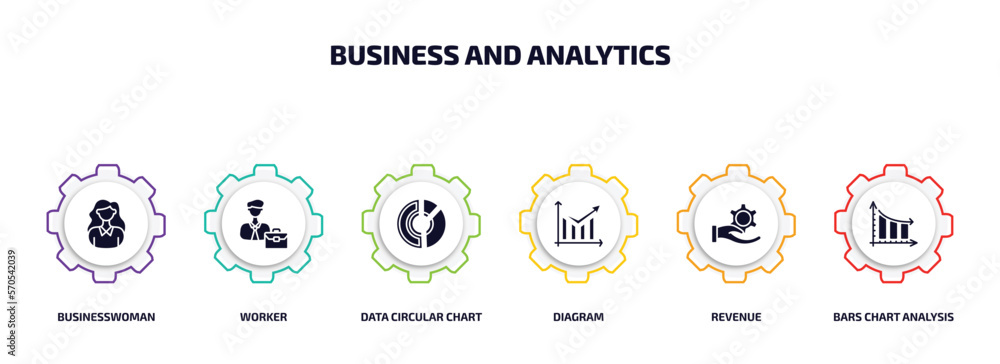 business and analytics infographic element with filled icons and 6 step ...