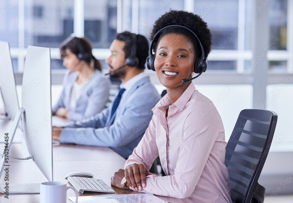 Black woman, call center and portrait smile in contact us for telemarketing, customer support or ...