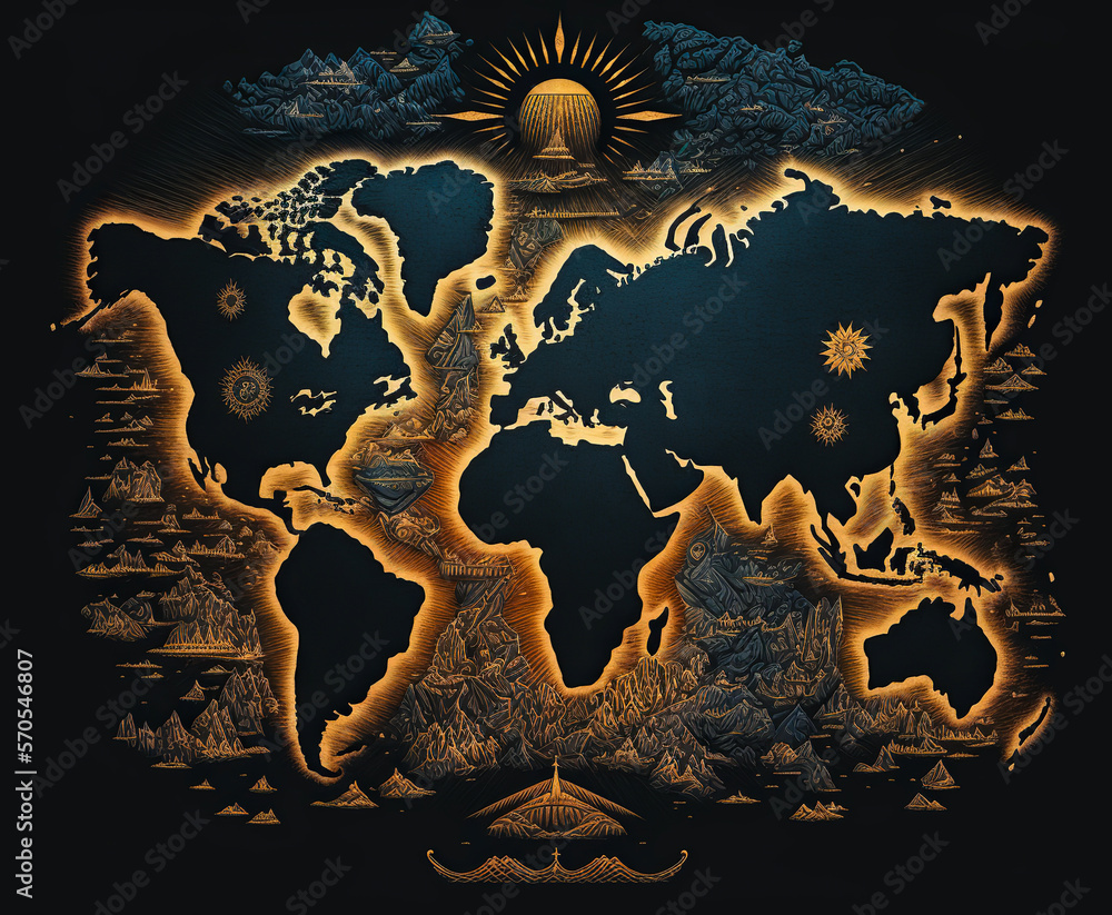 A mysterious world map with secret symbols belonging to a humanistic ...
