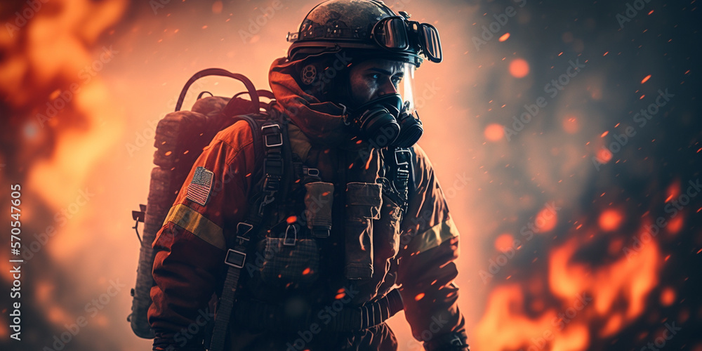 Brave firefighter in an epic universal fire. Generative AI Stock ...