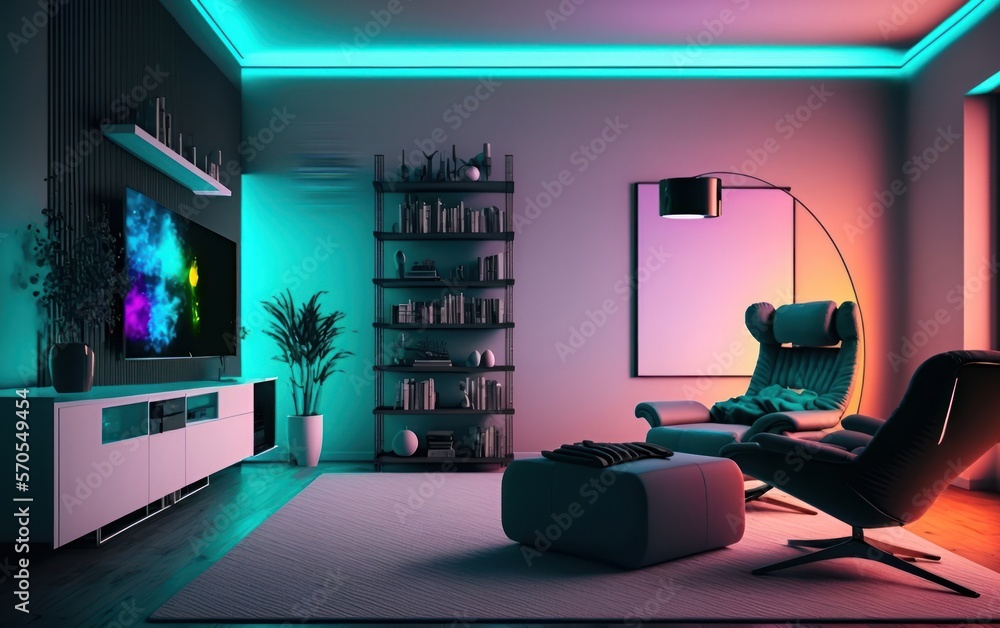 Salón gaming con luces RGB y muebles de lujo, inspiración minimalista ...