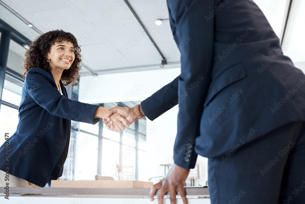 Business people, handshake and smile for b2b, meeting or partnership in ...