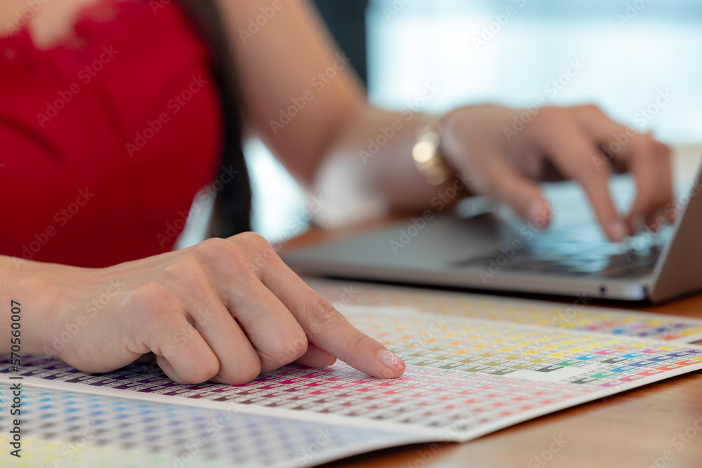 Close up, Woman's hands chosen color shades samples. Female interior ...