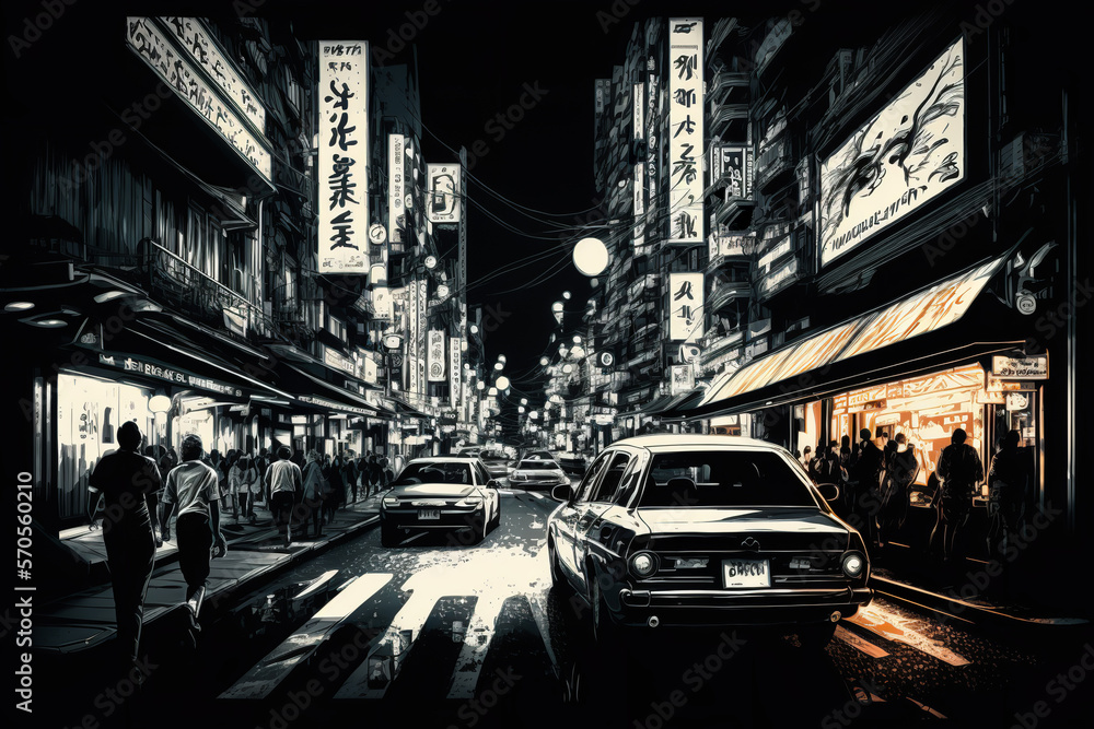 Tokyo street urban black and white. Vintage japan. Stock Illustration ...