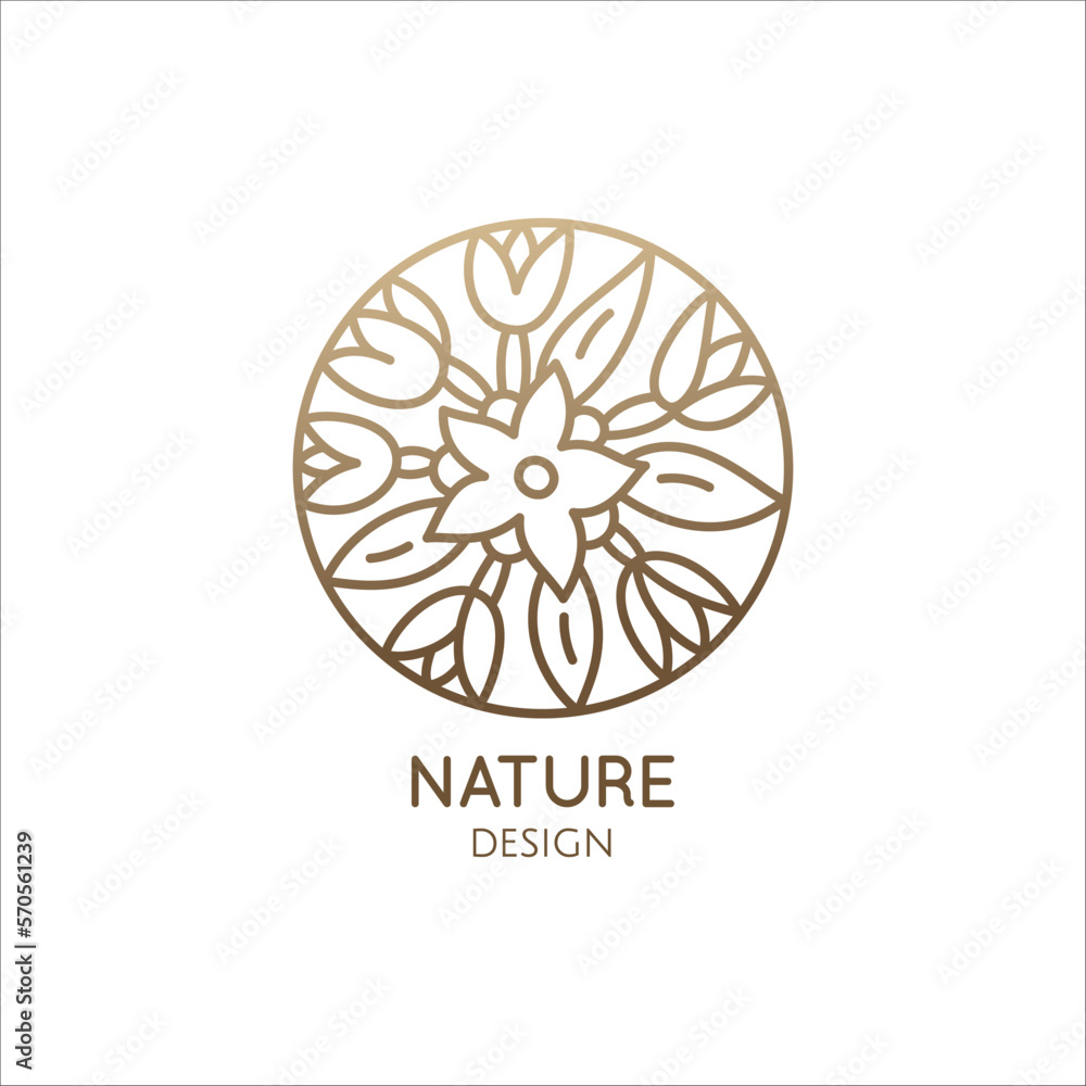 Tropical flower logo. Round emblem floral plant in a circle in linear ...