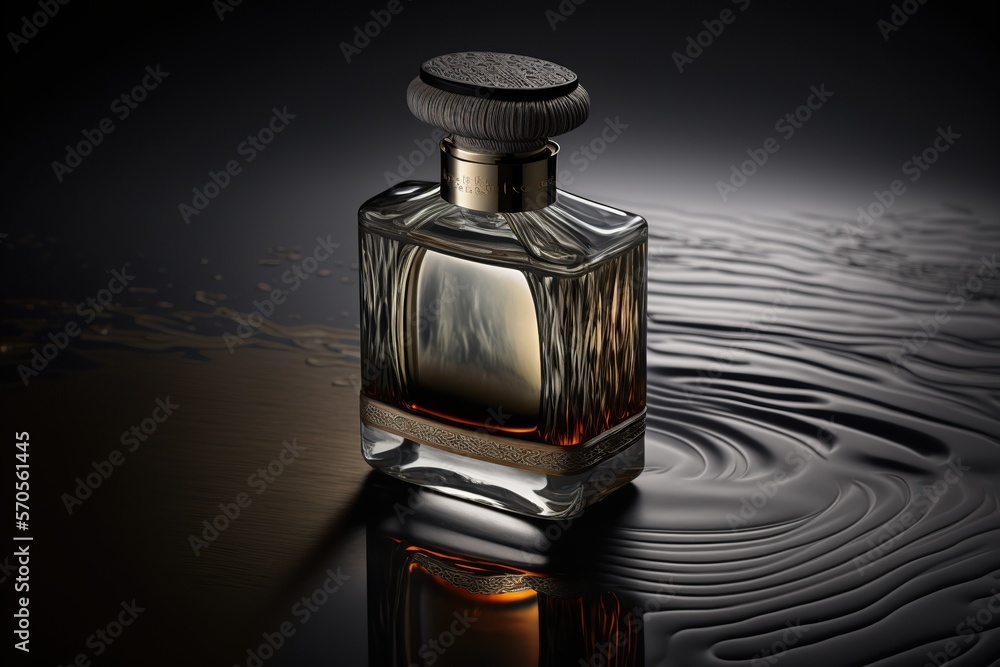 Perfume glass bottle on podium mock up banner, cosmetics abstract ...