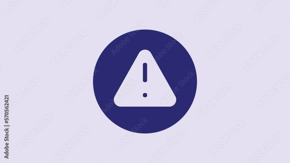 Blue Exclamation mark in triangle icon isolated on purple background ...