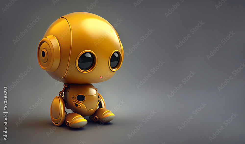 Cute sad robot sitting on the ground. Copy space on grey background ...