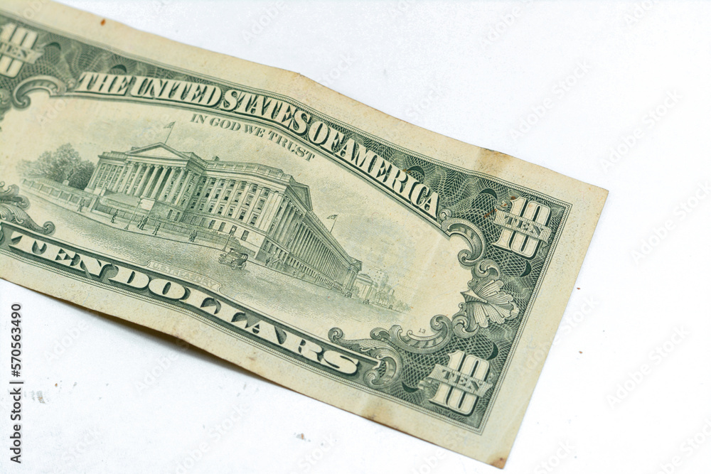 The reverse side of old 10 $ ten American dollars bill banknote series ...