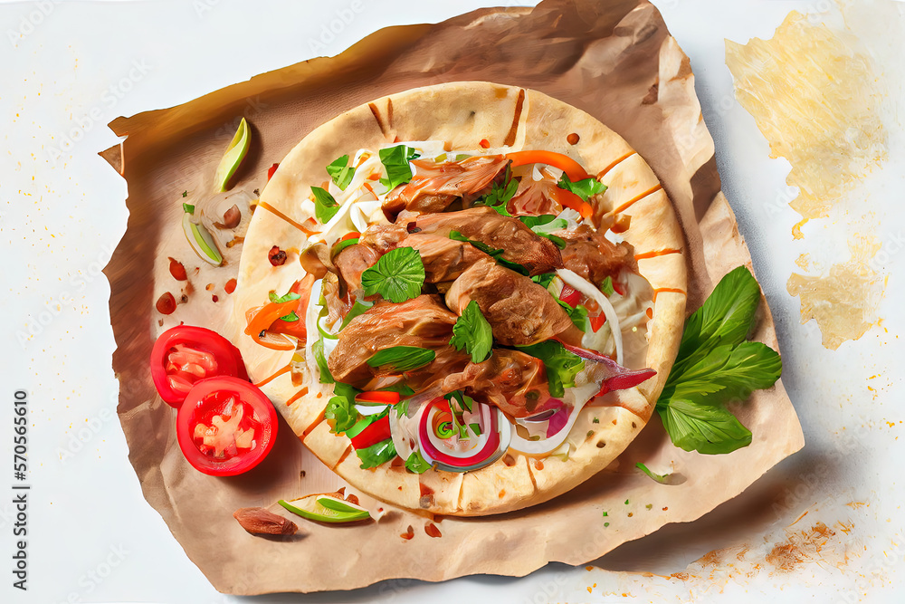 Ciabatta bread sandwich with pulled pork and vegetables Lebanese kebab ...