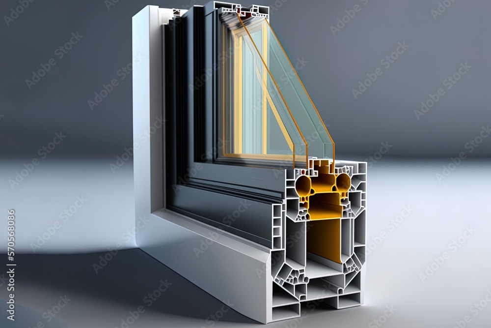 Cross-section of an energy-efficient window. Plastic corner window with ...