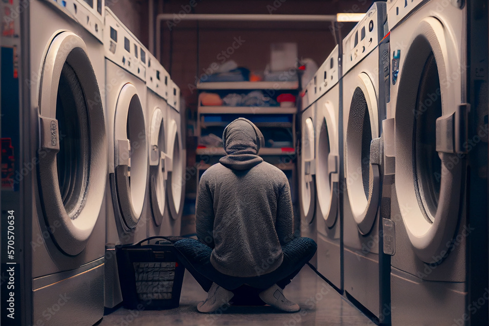 sad man in the laundry shop Stock Illustration | Adobe Stock