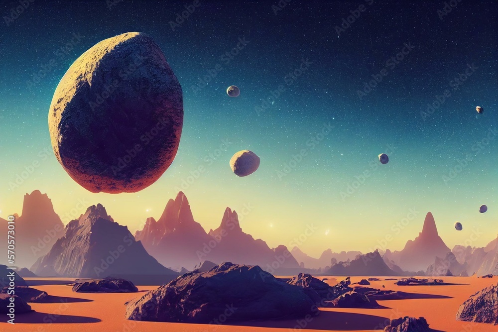 Fantastic landscape of alien planet with rocks, flying stones and ...