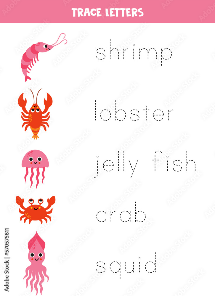 Tracing letters with cute sea animals. Writing practice. Stock Vector ...