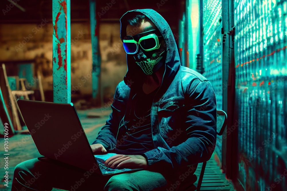 Cyberpunk hacker in hoodie and sunglasses hiding face under scary mask ...