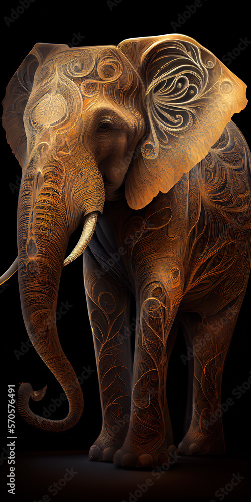 vertical digital artwork, 3d low poly elephant with fractal, sacred ...