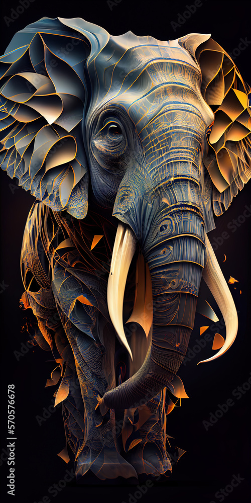 vertical digital artwork, 3d low poly elephant with fractal, sacred ...