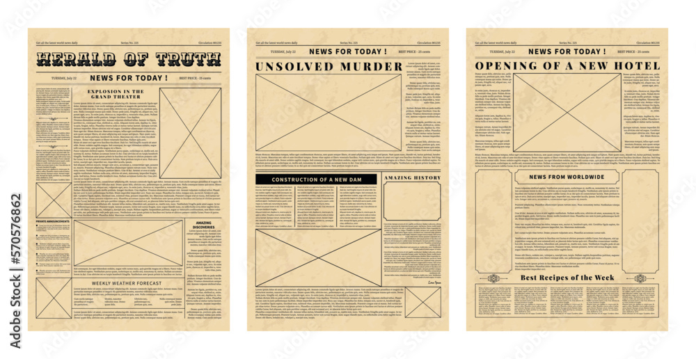 Old news paper template. Newsletter headline. Advertising page. Text ...