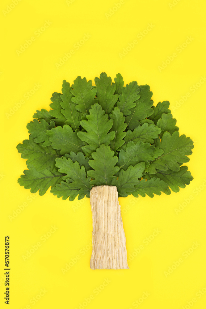 Surreal oak tree shape abstract concept symbol with green leaves and ...