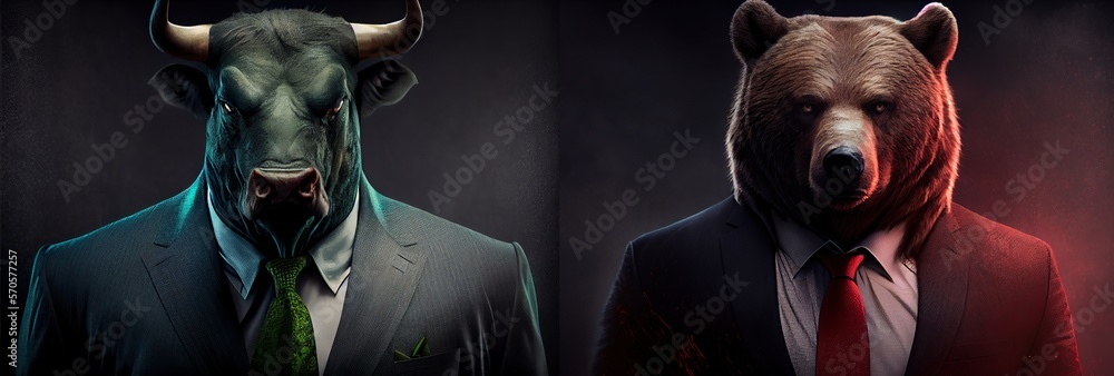 Bull versus bear in suits facing each other, trading on forex concept ...
