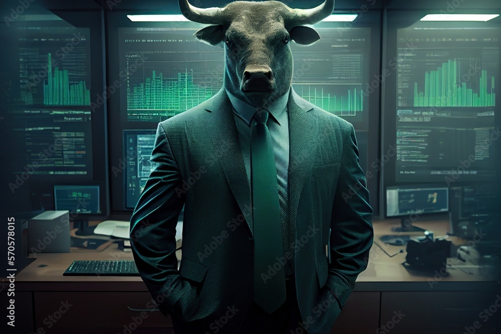 Bull market. Bull in suit with green candlestick charts on monitors in ...