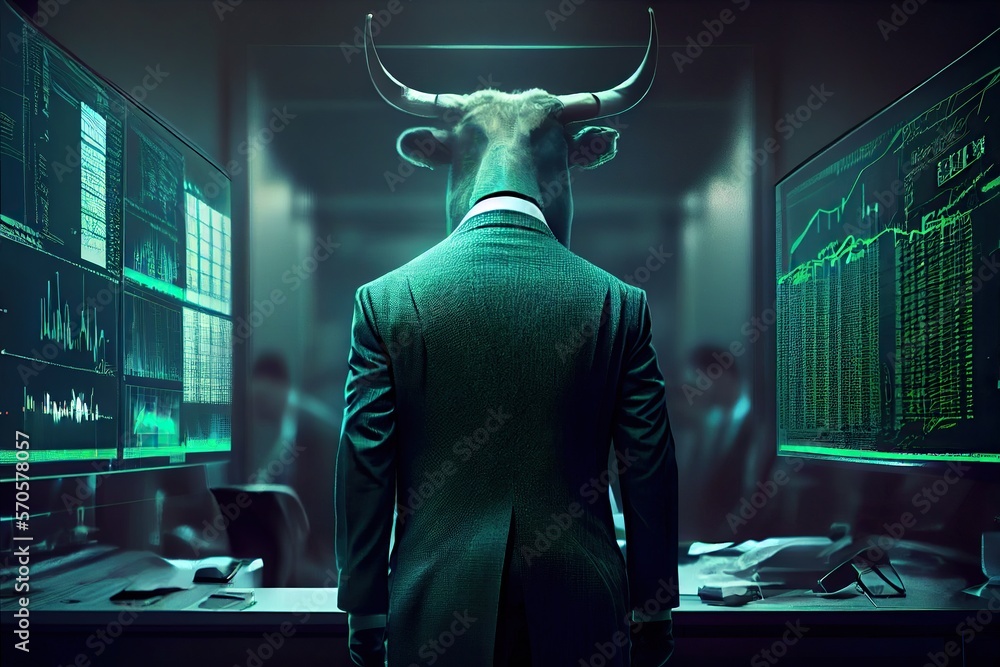 Bull market. Bull in suit with green candlestick charts on monitors in ...