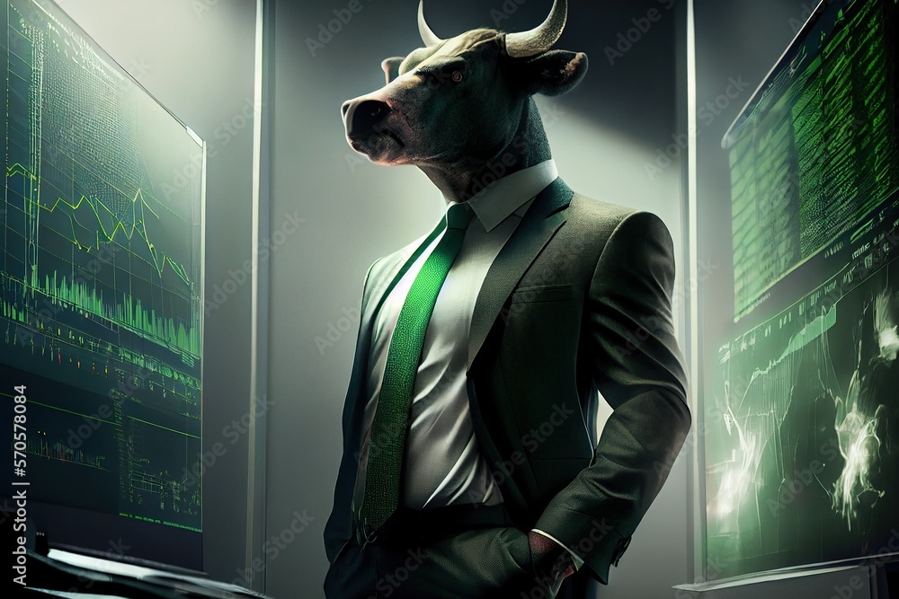 Bull market. Bull in suit with green candlestick charts on monitors in ...