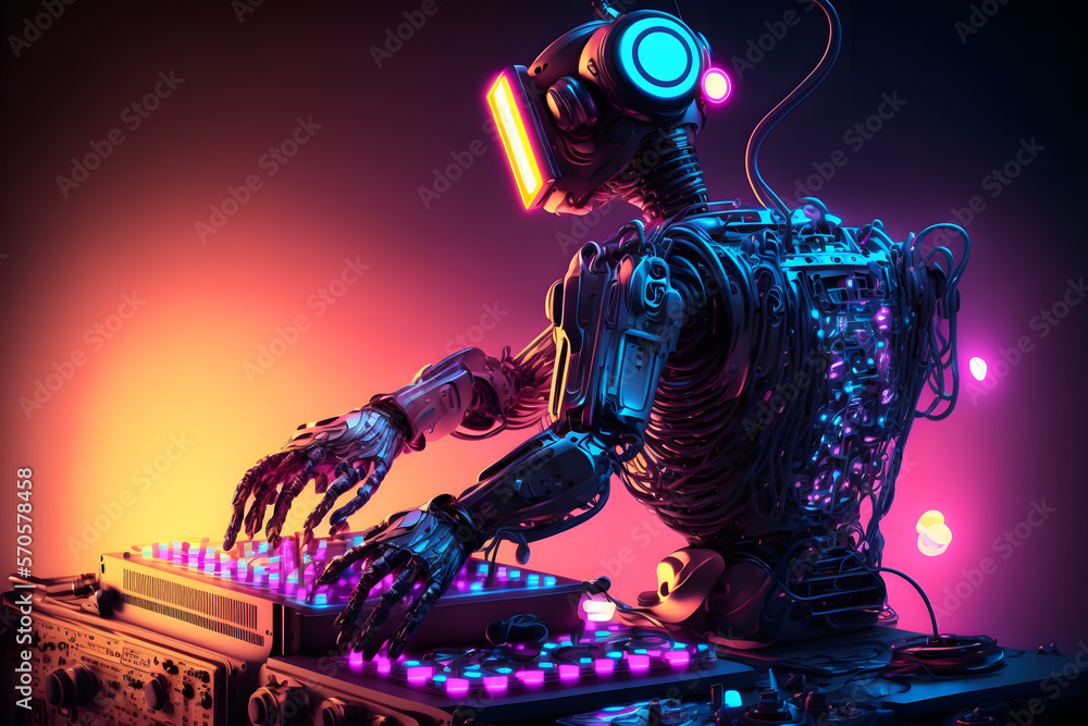 Robot disc jockey at the dj mixer and turntable plays nightclub during ...
