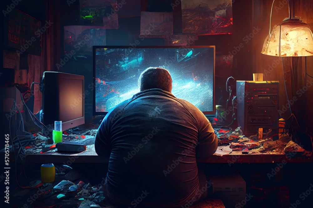 Video game addiction. Back view of obese man sitting on floor with ...