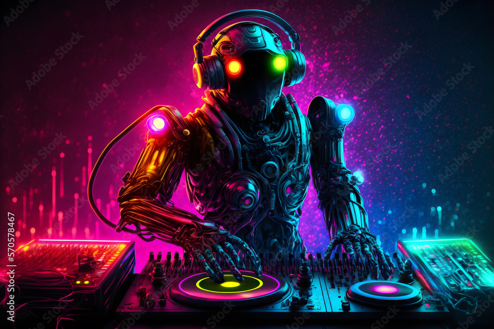 Robot disc jockey at the dj mixer and turntable plays nightclub during ...