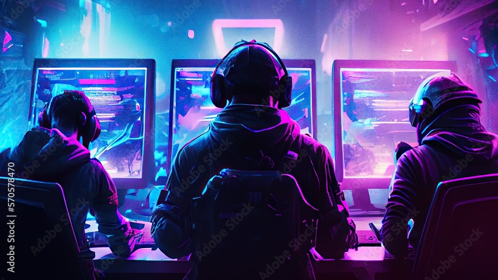 Major esports event, team of professional gamers playing in offline ...