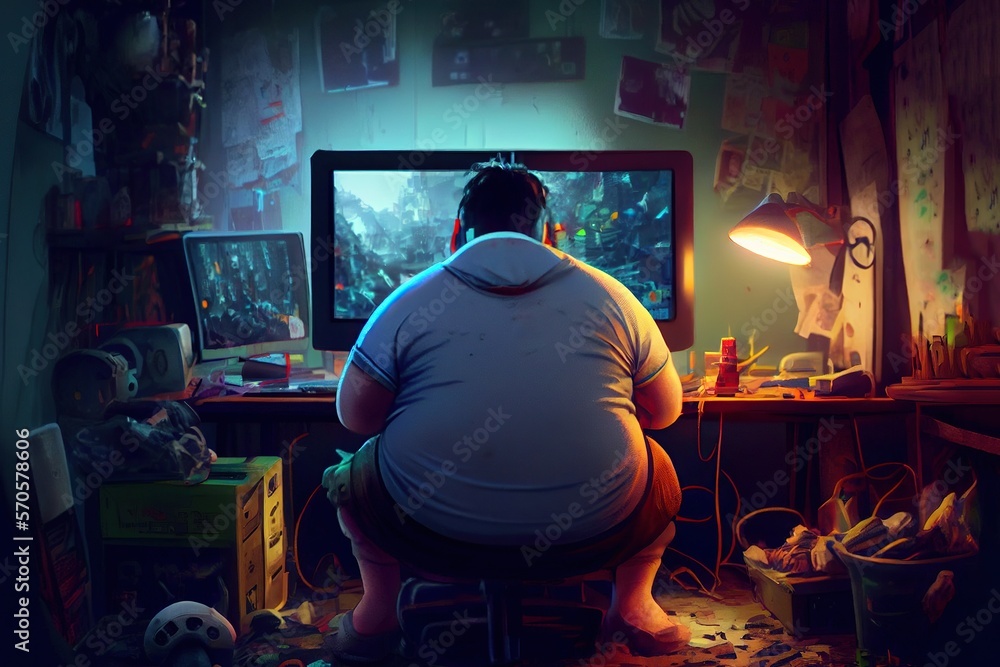 Video game addiction. Back view of obese man sitting on floor with ...