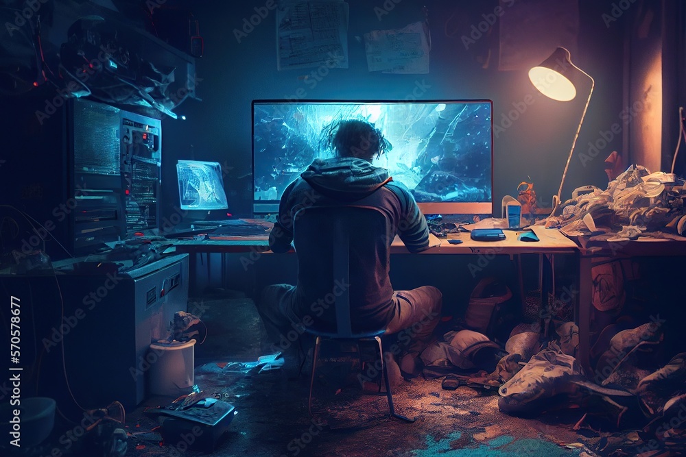 Video game addiction. Back view of man sitting on floor with trash and ...