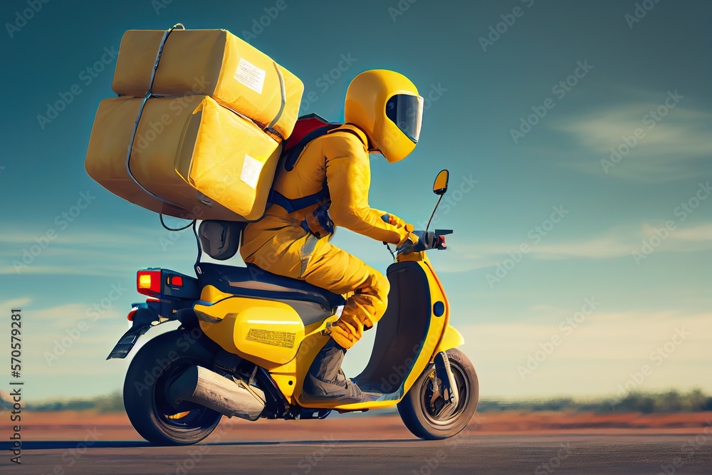 Delivery man on scooter driving on the street of city. Food delivery app. Generative AI Stock ...