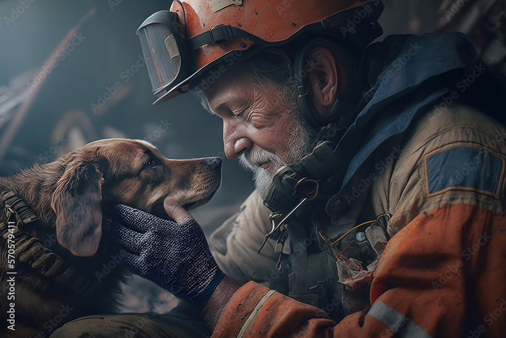 ภาพประกอบสต็อก Volunteer firefighter petting his rescue dog tenderly ...