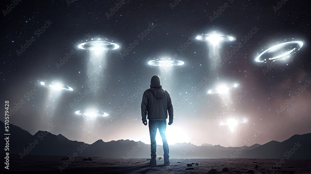 Back view of man looking at alien invasion, UFO flying in the sky ...