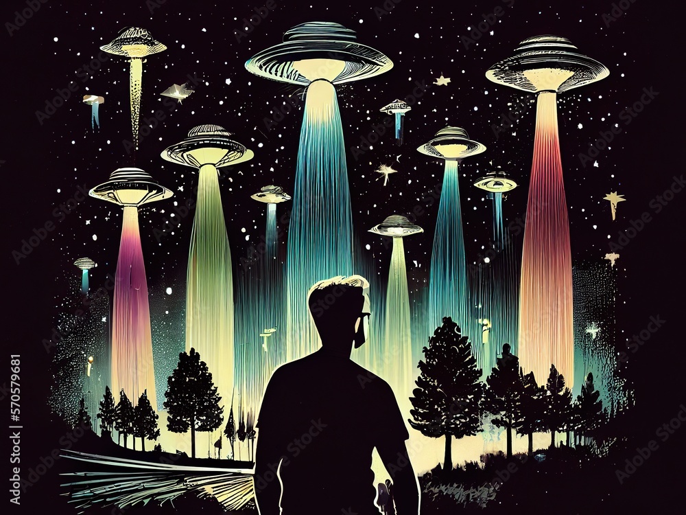 Back view of man looking at alien invasion, UFO flying in the sky ...