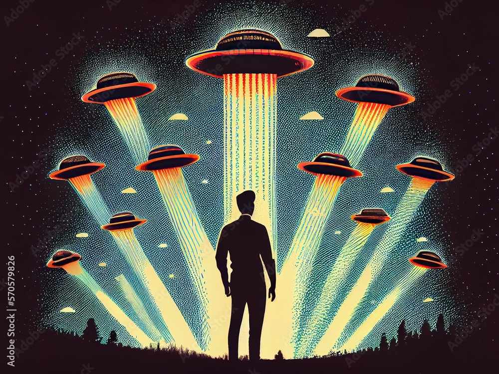 Back view of man looking at alien invasion, UFO flying in the sky ...