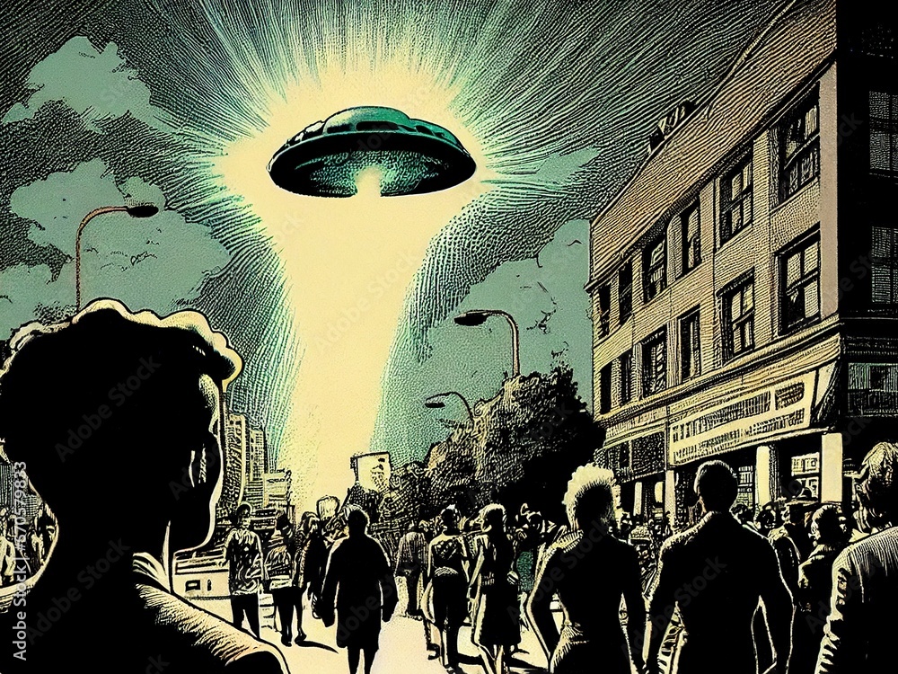 Back view of man looking at alien invasion, UFO flying in the sky ...