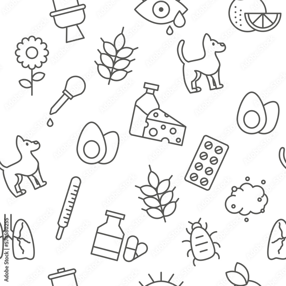 Dog and food allergy. Sneeze icon pattern. Flower pollen and product ...