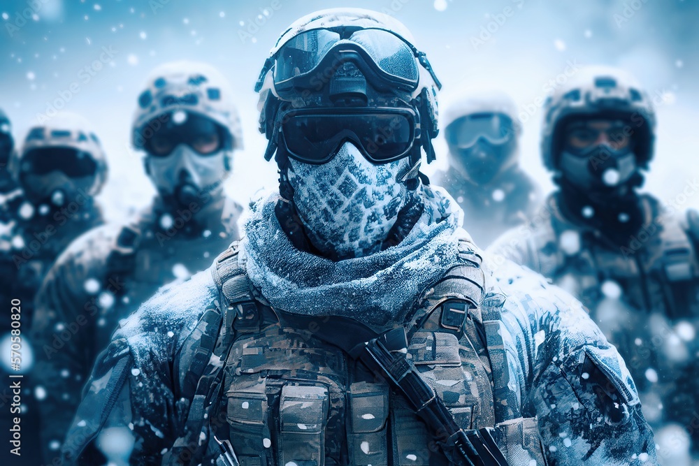 Special forces on winter mission, under the snow, arctic squad of armed ...
