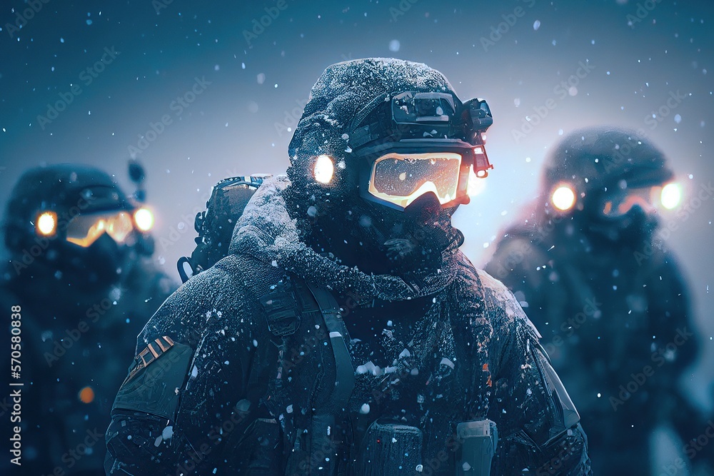 Special forces on winter mission, under the snow, arctic squad of armed ...