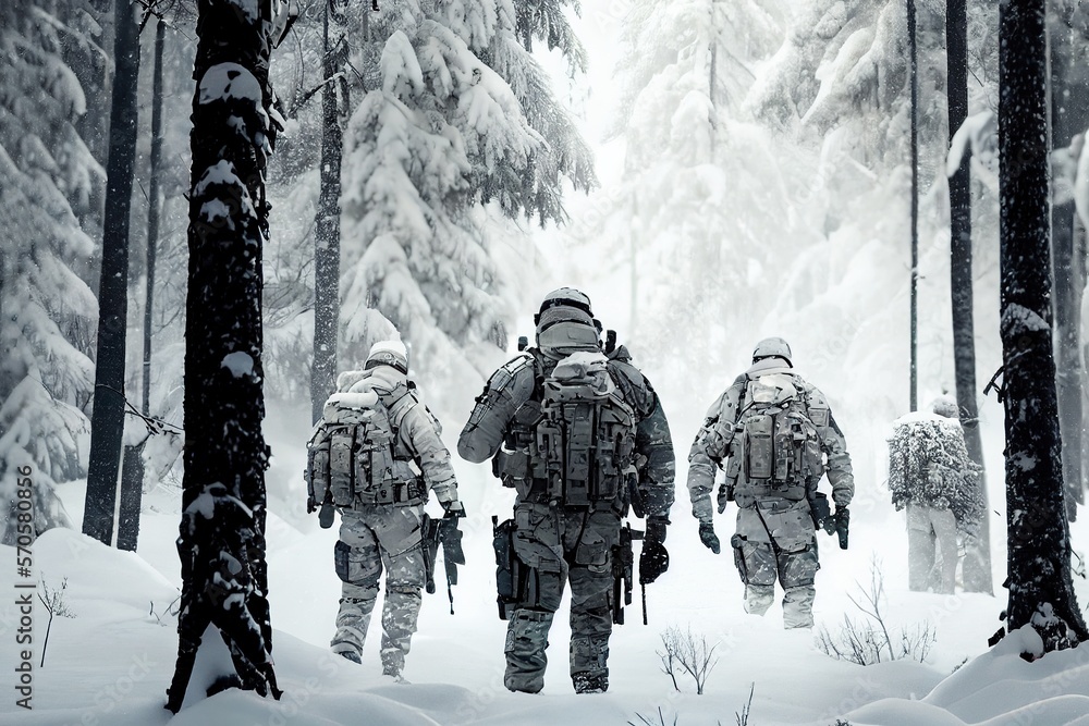Special forces on winter mission, under the snow, arctic squad of armed ...