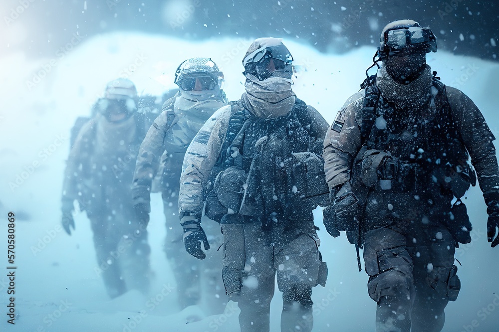 Special forces on winter mission, under the snow, arctic squad of armed ...