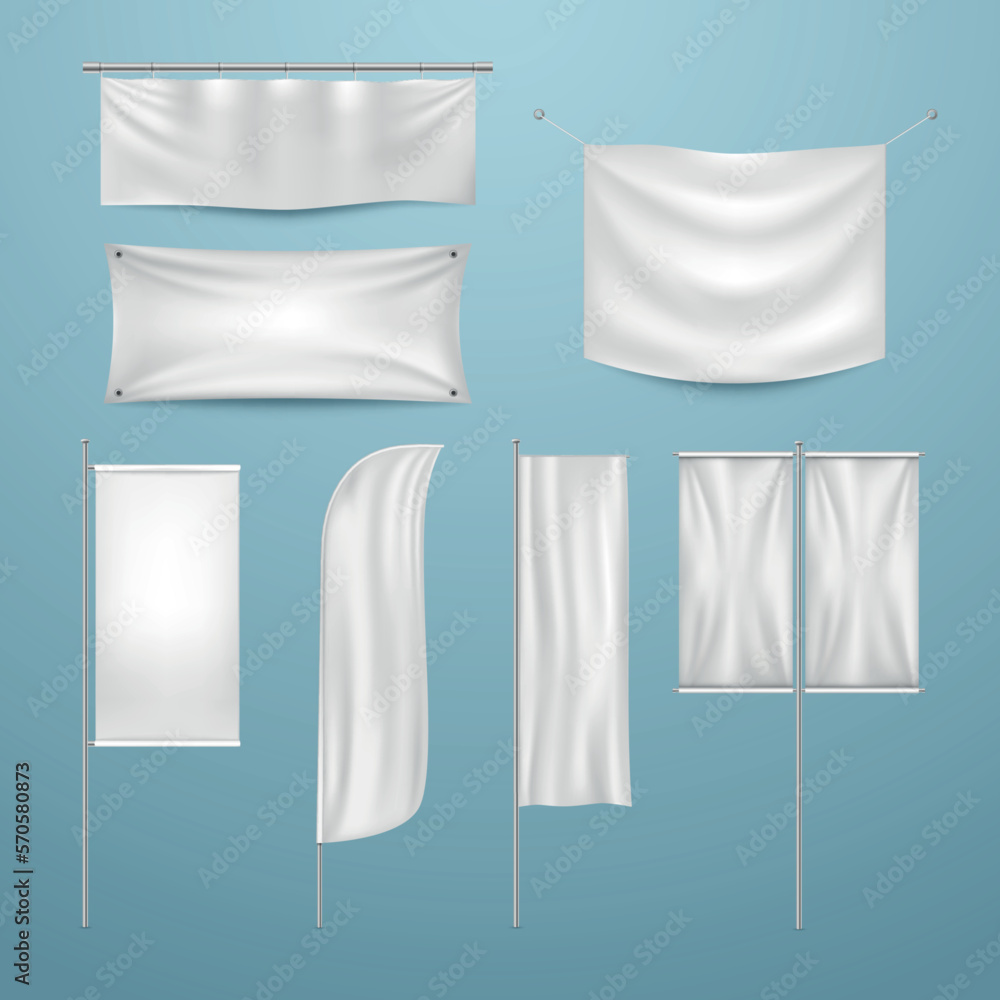 Beach flag, white banner mockup. Empty textile 3d elements template ...