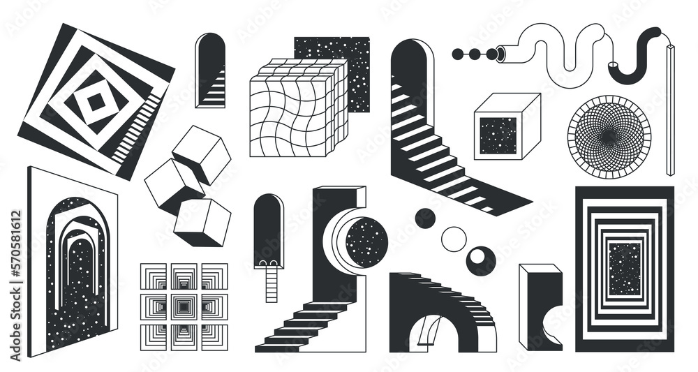 Surreal minimal lines, black stairs, arches and doors 3d collage ...