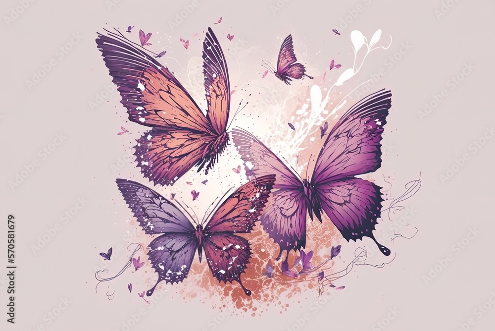 beautiful pink and purple butterflies flying in a maelstrom of paint ...