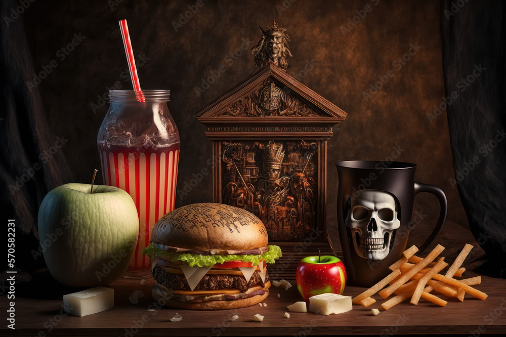 Bodegón moderno de un menú de comida rápida con un batido de fresa ...