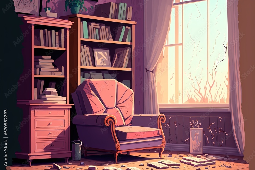 Bad furniture, a cracked window, and a shattered bookcase make for an ...